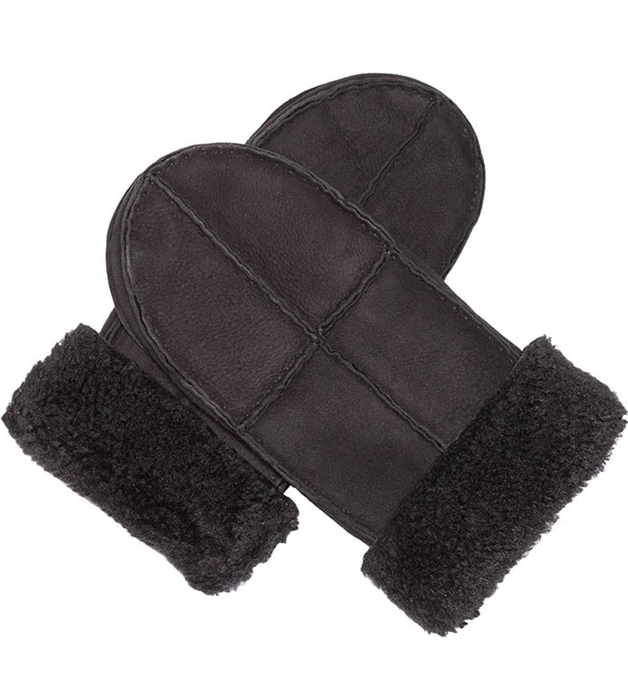 Women's Shearling Sheepskin Mittens | Black Suede & Wool | SheepskinShop.ca